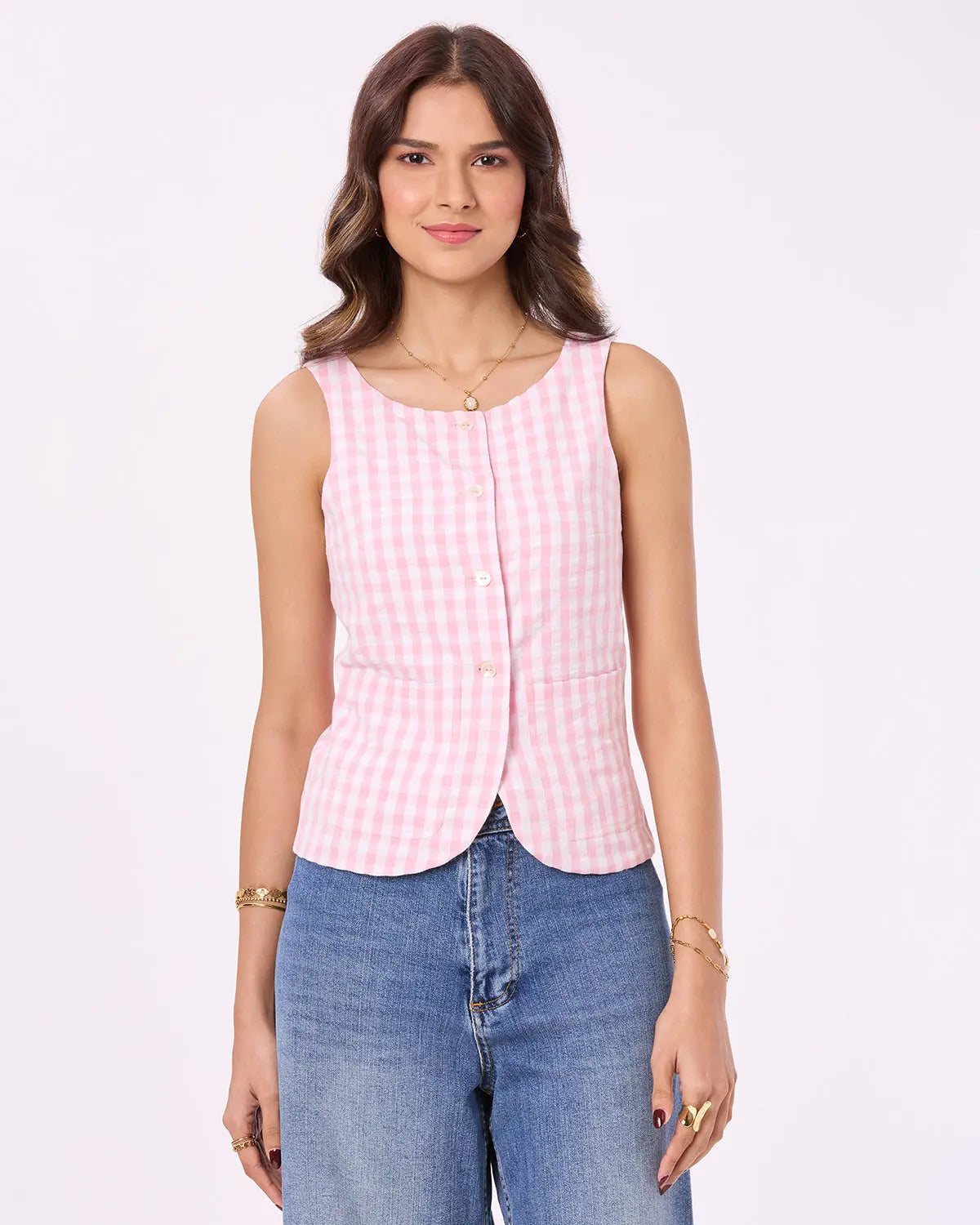 Pink and White Checks Vest with Patch Pockets – AMARAA