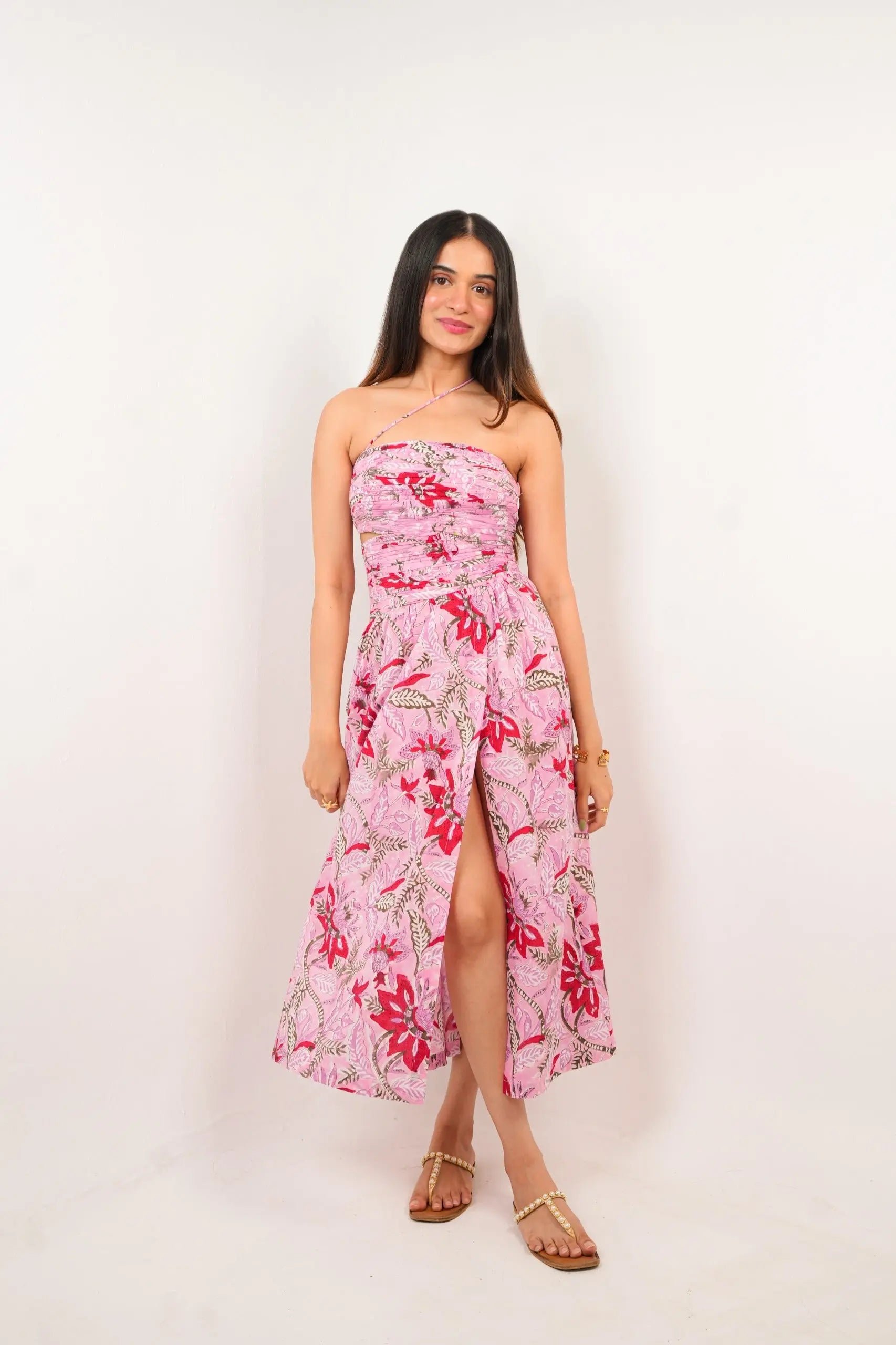 Striking Pink & Red Floral Open Back Summer Dress – AMARAA